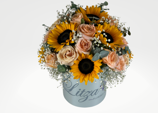 Cajita Marisol con Girasoles y Rosas – Litza Florería